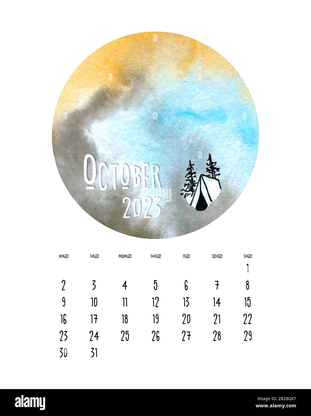 Calendar October 2023 with watercolor circle background. Vector ...