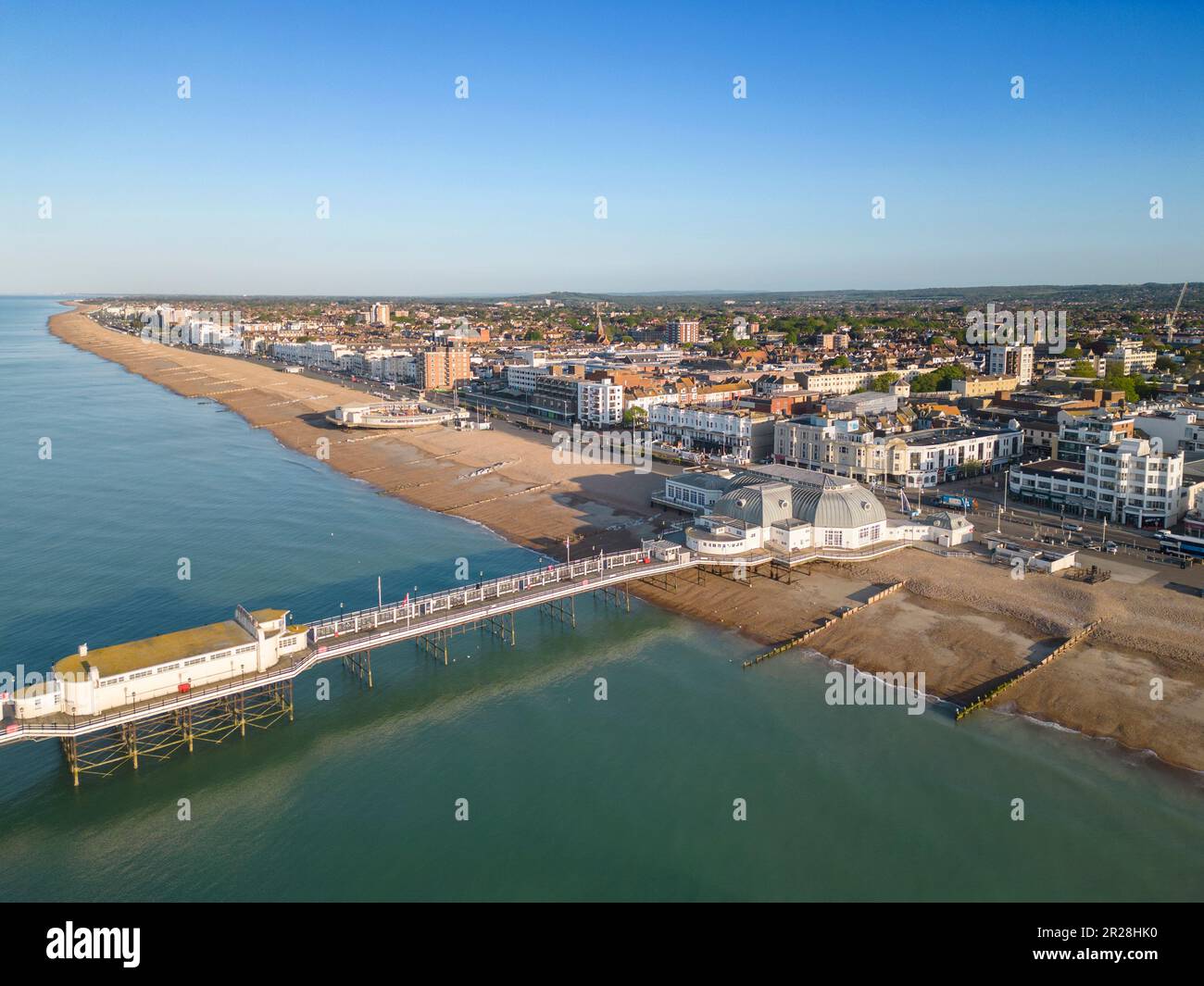 aerial view of worthing pier beach and seafront on the west sussex ...