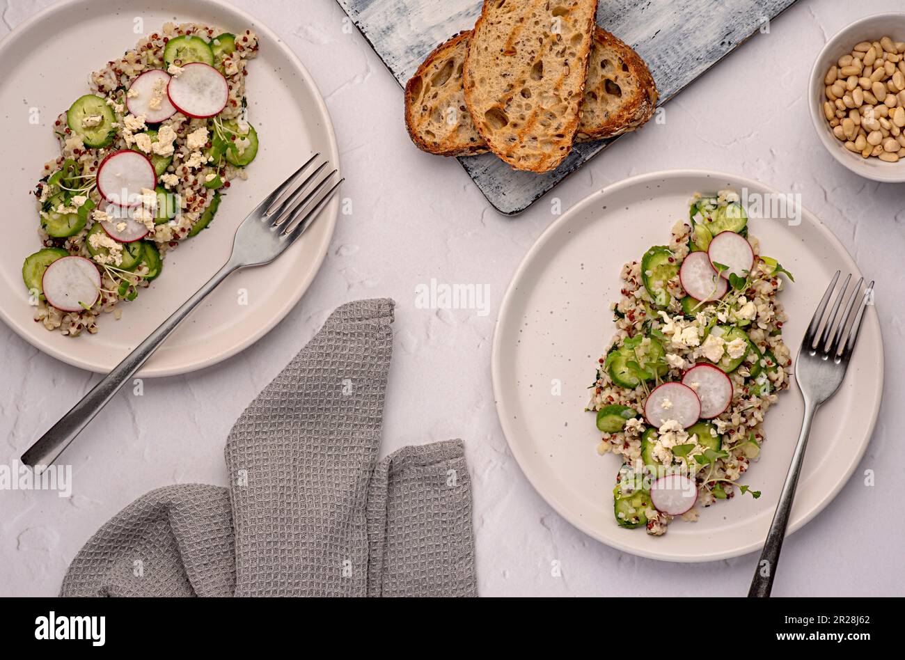 Food photography of salad; cucumber, radish, onion, dill, feta, bulgur ...