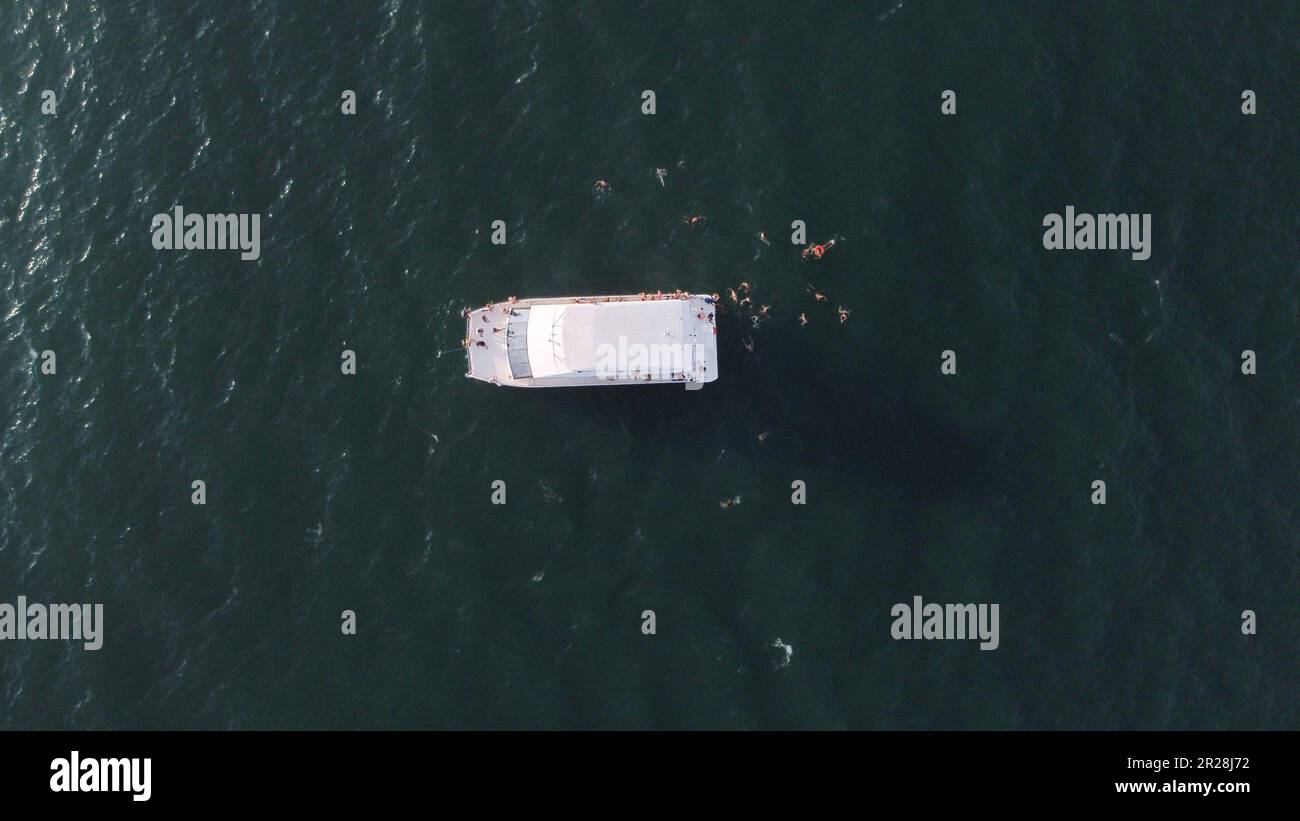 aerial view of a yacht in the ocean and floating people Stock Photo - Alamy