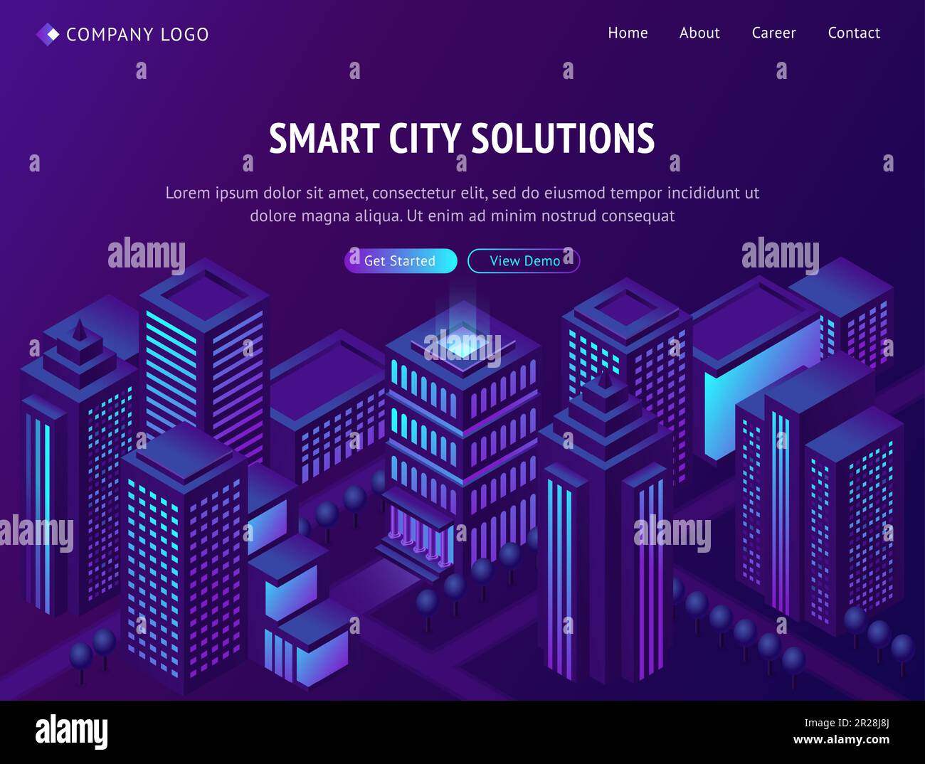 Smart city solutions isometric landing page, futuristic metropolis town with neon glowing ...