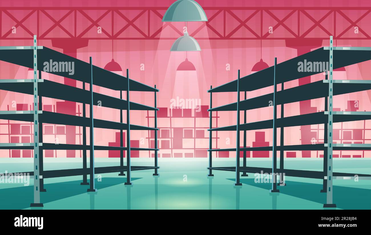 Warehouse interior with empty metal racks. Vector cartoon illustration ...