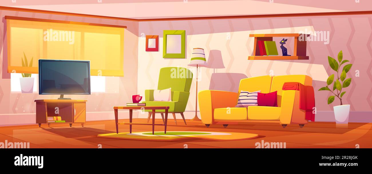 Spring interior of living room with sofa, armchair, bookshelves and tv ...