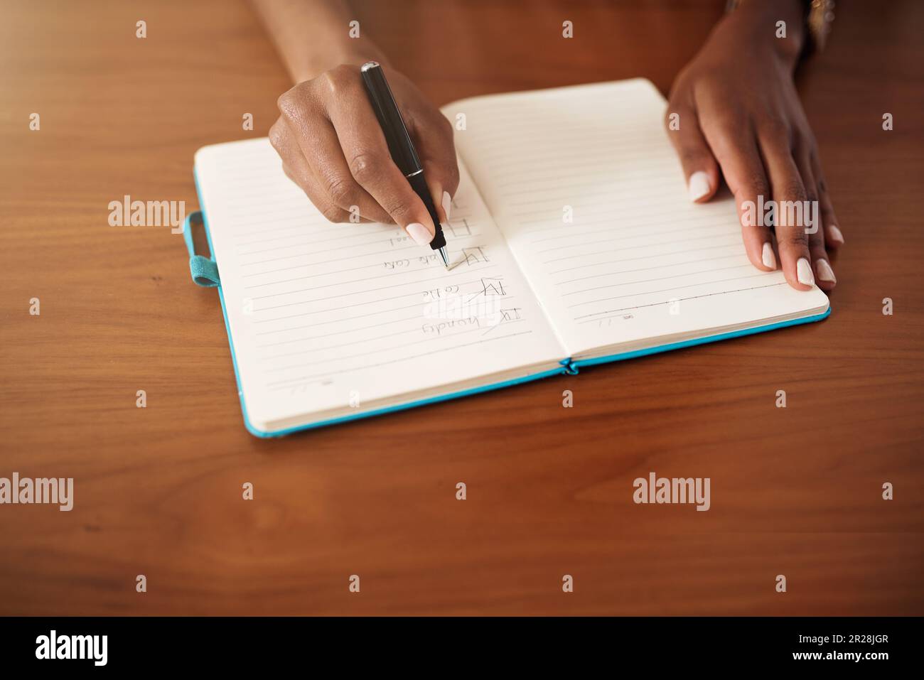 Checklist, writing and hands of woman with notebook for planning ...