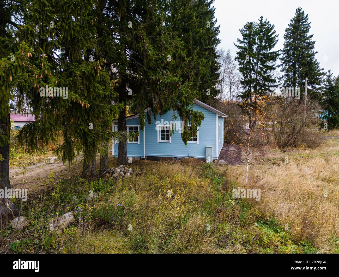 Small cozy blue house in the forest under tree Stock Photo - Alamy