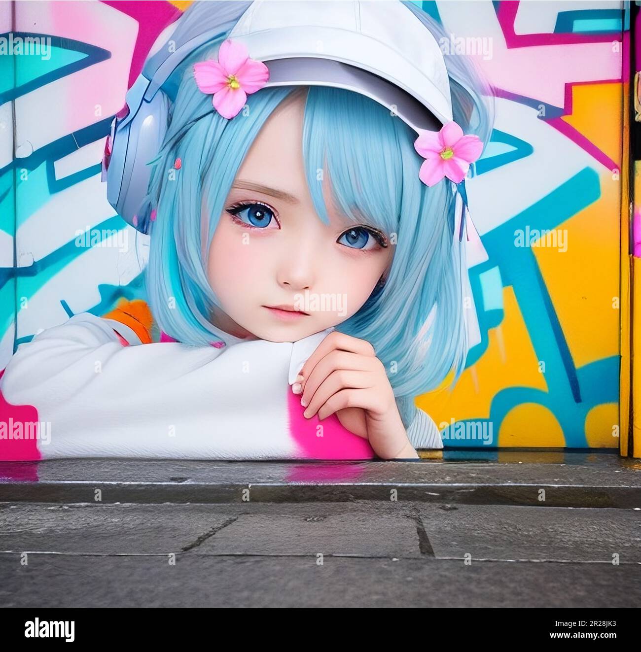 Beautiful light blue haired girl in headphones listening to music Stock ...