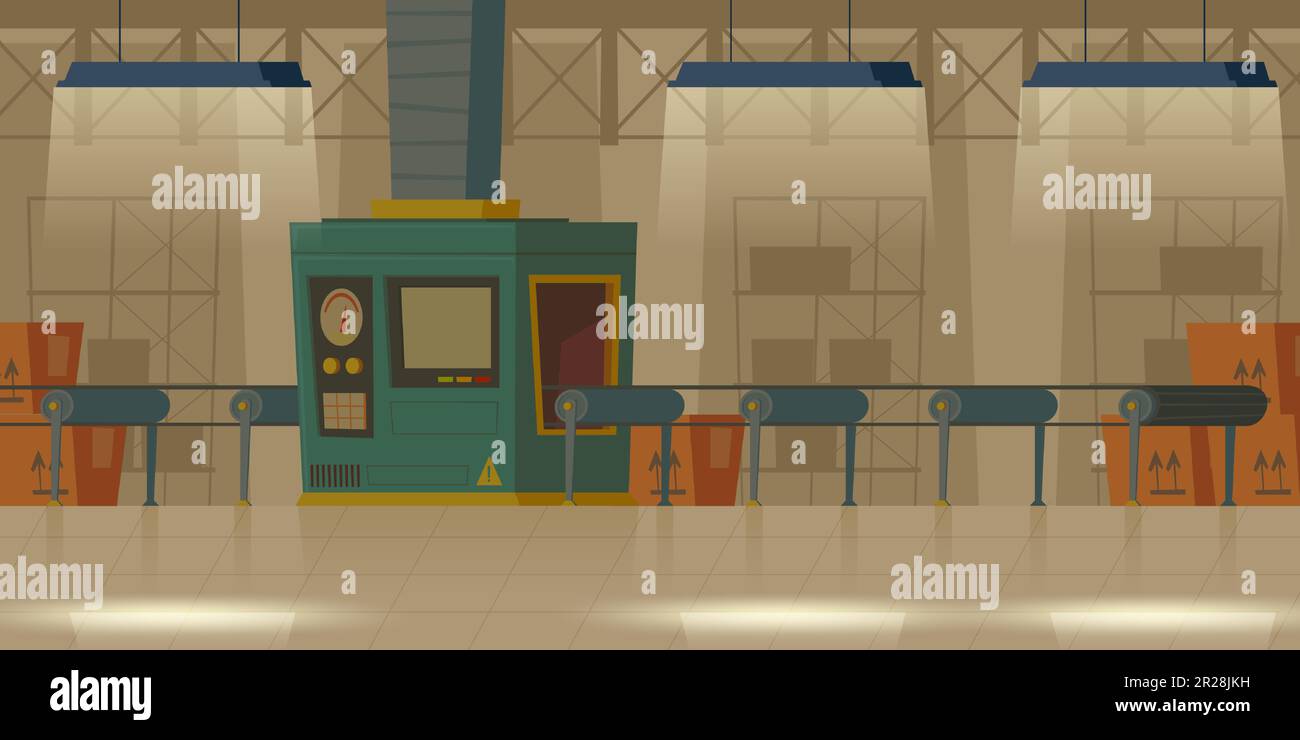 Conveyor belt in factory manufacture room, plant interior. Delivery ...