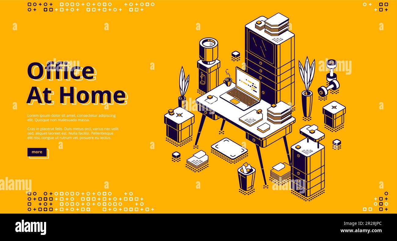 Office at home isometric landing page. Workplace with computer table ...