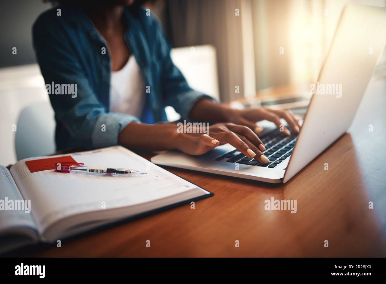 Elearning woman hands, typing and laptop with education and learning ...