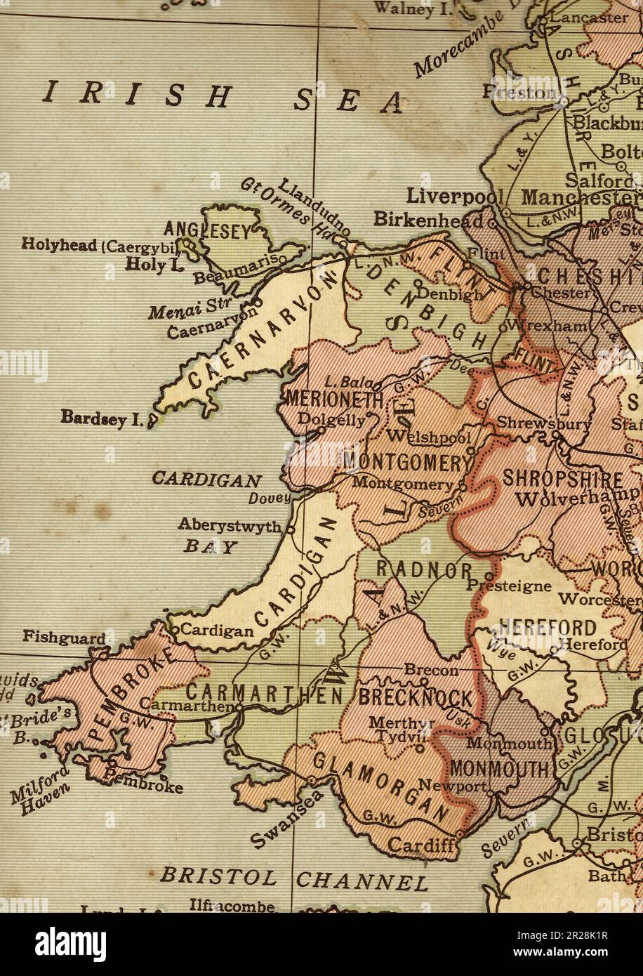 Vintage political map of Wales, United Kingdom in sepia Stock Photo - Alamy