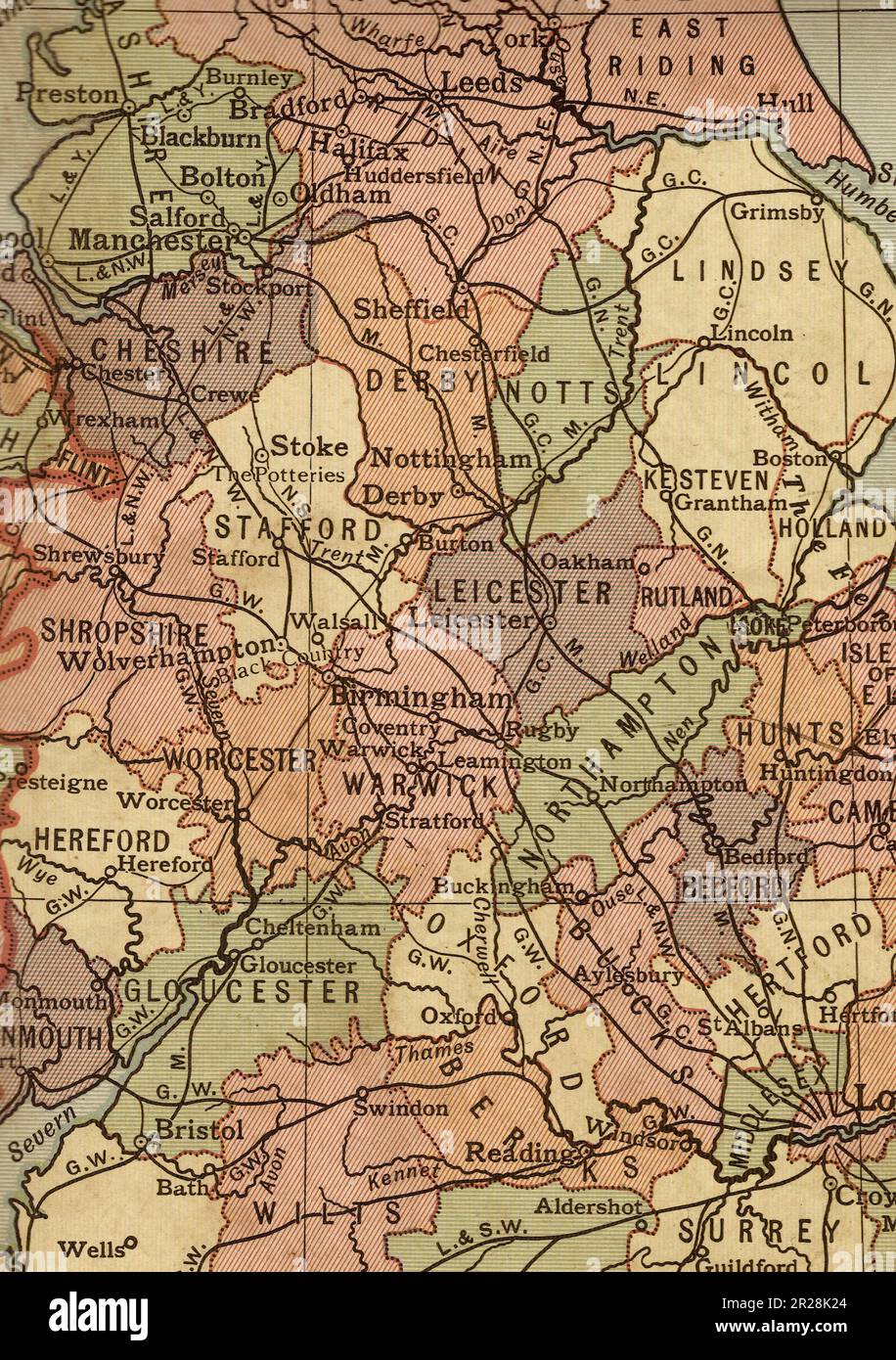 Vintage political map of central England in sepia Stock Photo - Alamy