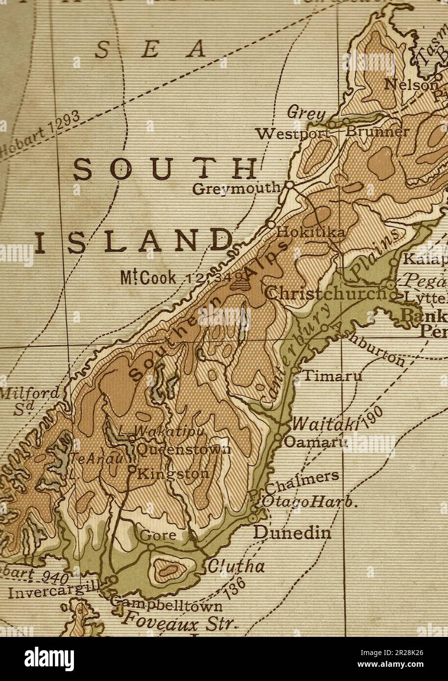 Vintage geographical map of South Island, New Zealand in sepia Stock ...
