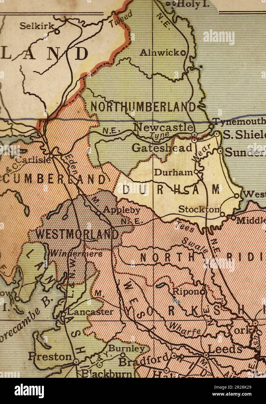 Vintage political map of northern England in sepia Stock Photo - Alamy