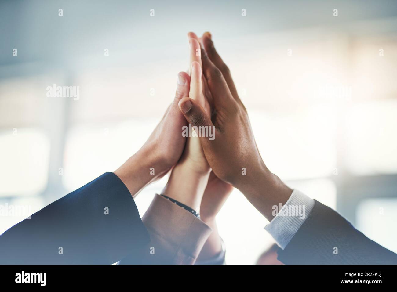 Business people, closeup high five and group for teamwork, support or mission for goal in ...