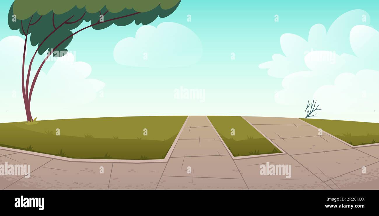 Park or city area with paths, green lawns and tree, summer time ...