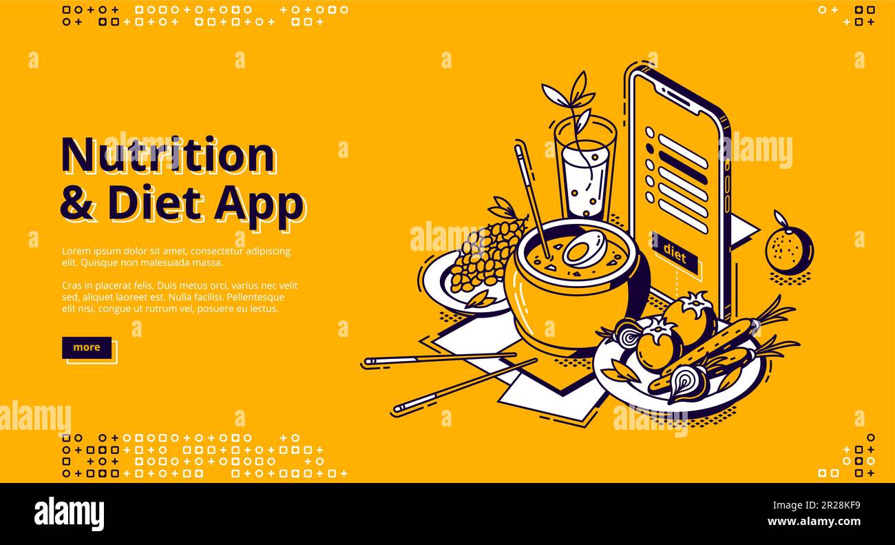 Nutrition and diet app isometric landing page. Application for counting calories in meal and ...
