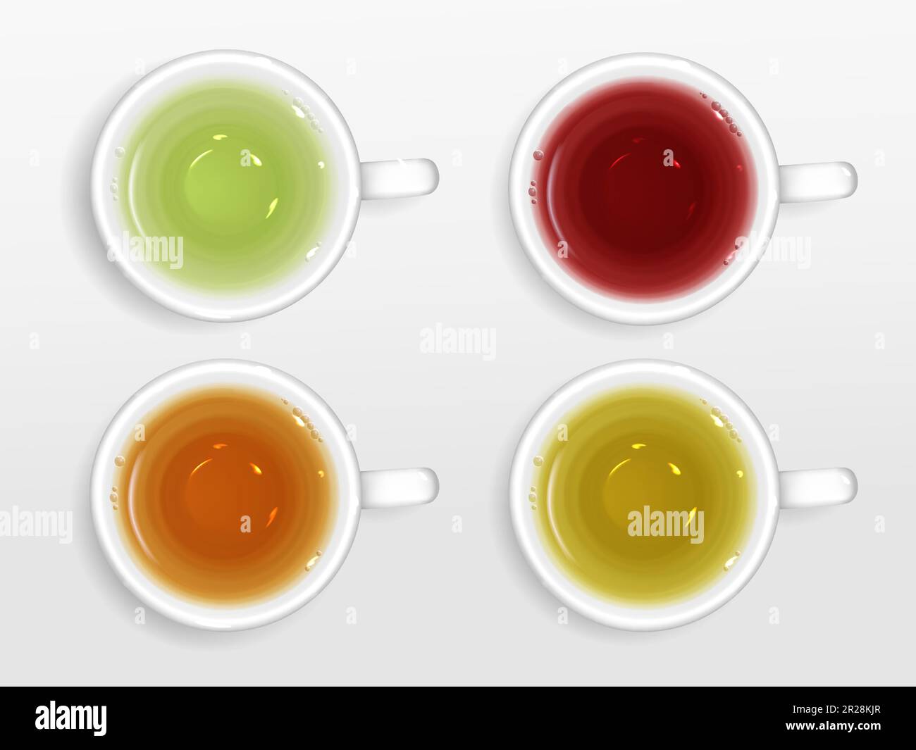 Tea cups top view set. Black, green, red and yellow herbal hot drinks ...