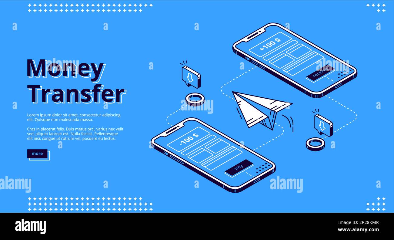 Money transfer isometric landing page. Online banking mobile phone ...