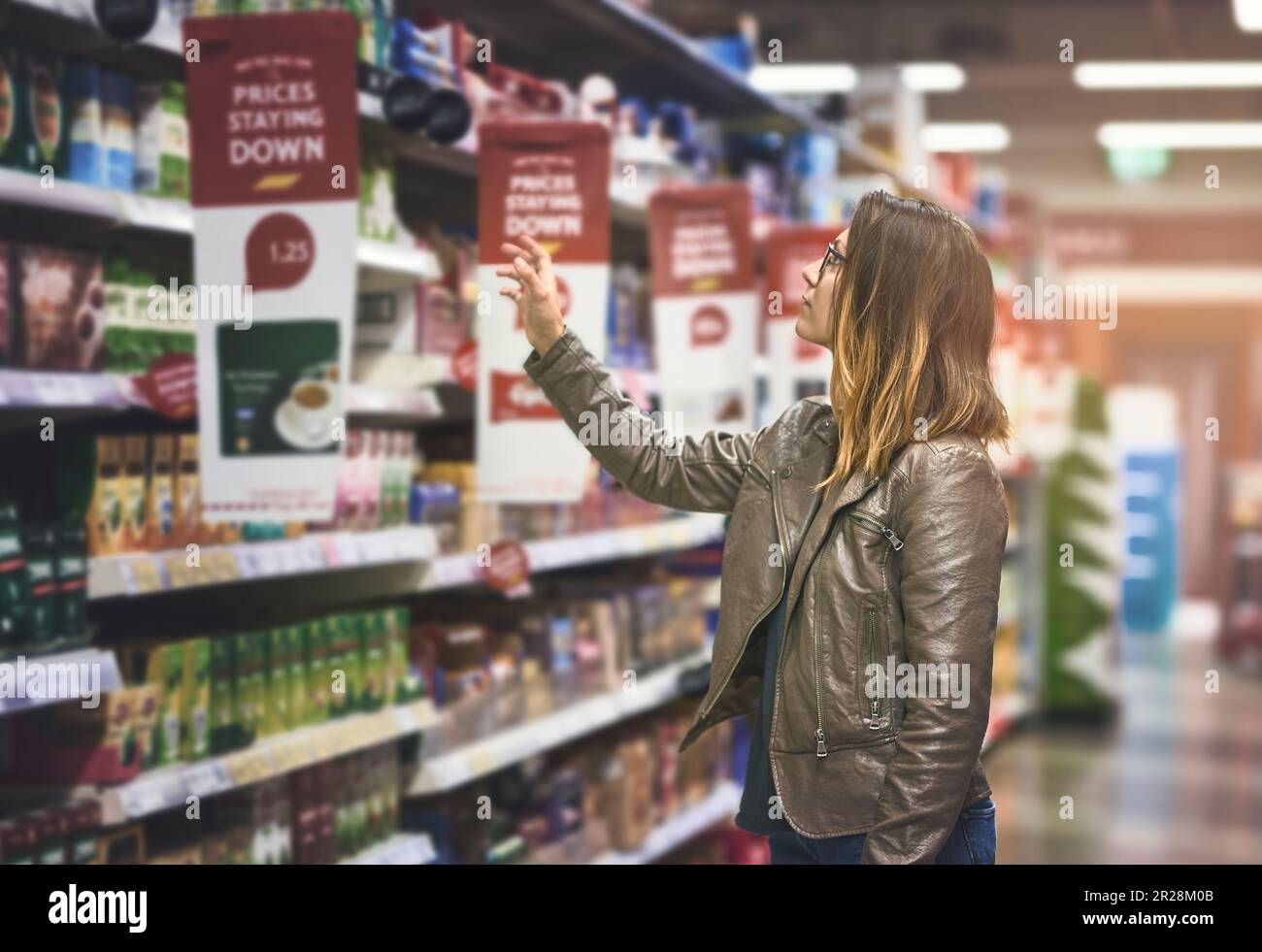 Shopping, woman at grocery store and in aisle searching and decision ...