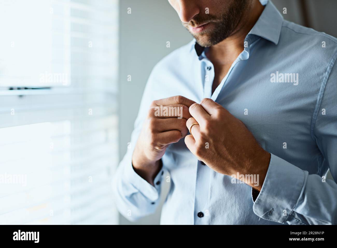 Closeup, man and button shirt of clothes for job interview, work and ...