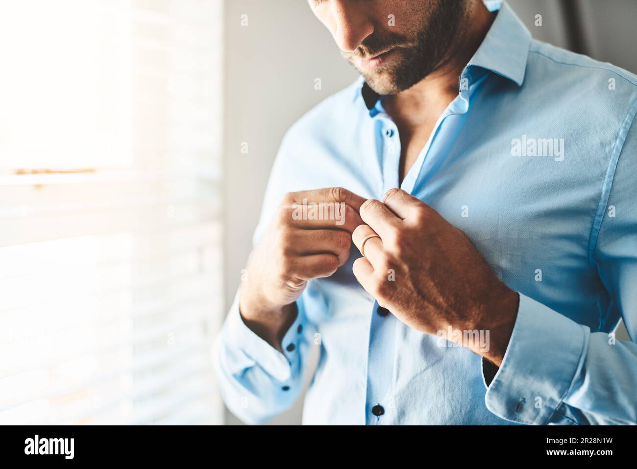 Hands, man and button shirt of clothes for job interview, work event ...