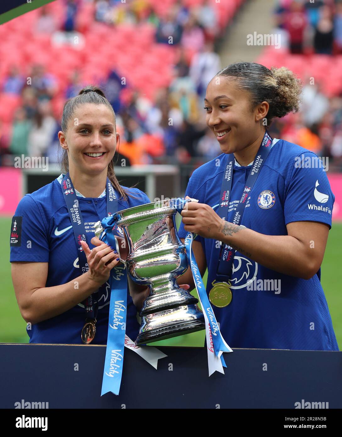L-R Chelsea Ladies Guro Reiten and Chelsea Women Lauren James hold the ...