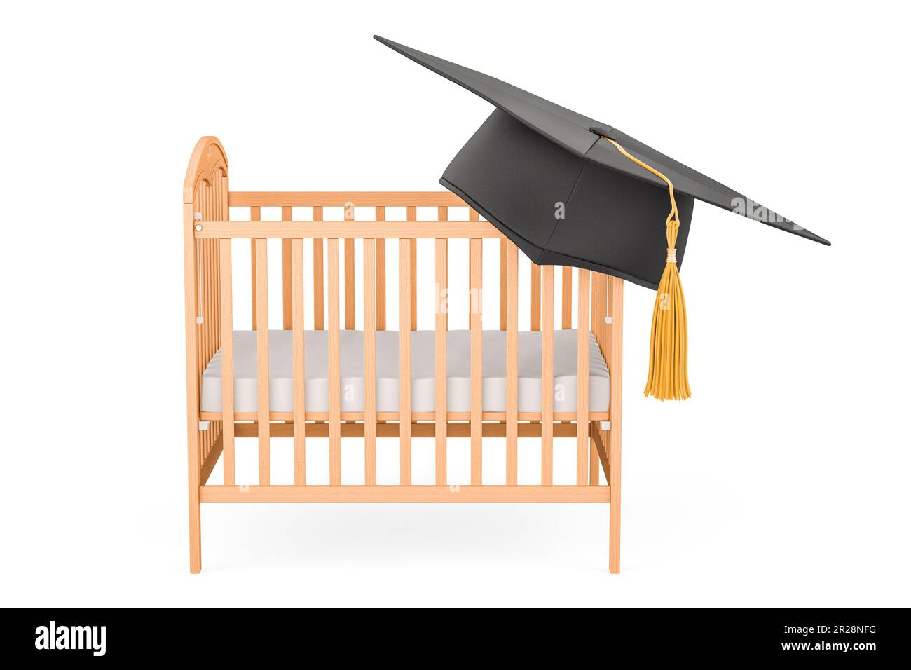 Baby crib, infant bed with graduation hat. 3D rendering isolated on ...