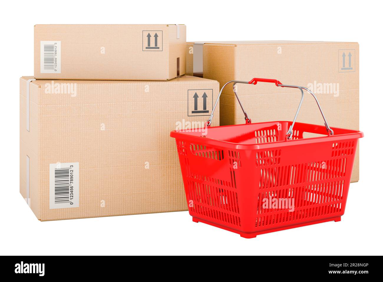 Shipping and logistics concept. Three parcels with shopping basket. 3D rendering isolated on ...