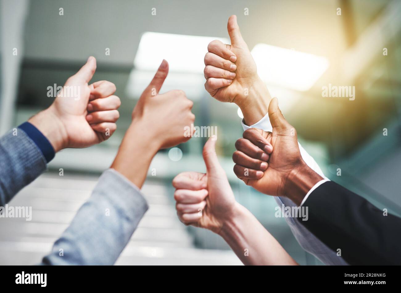 Thumbs up, success and teamwork with hands of business people in office ...