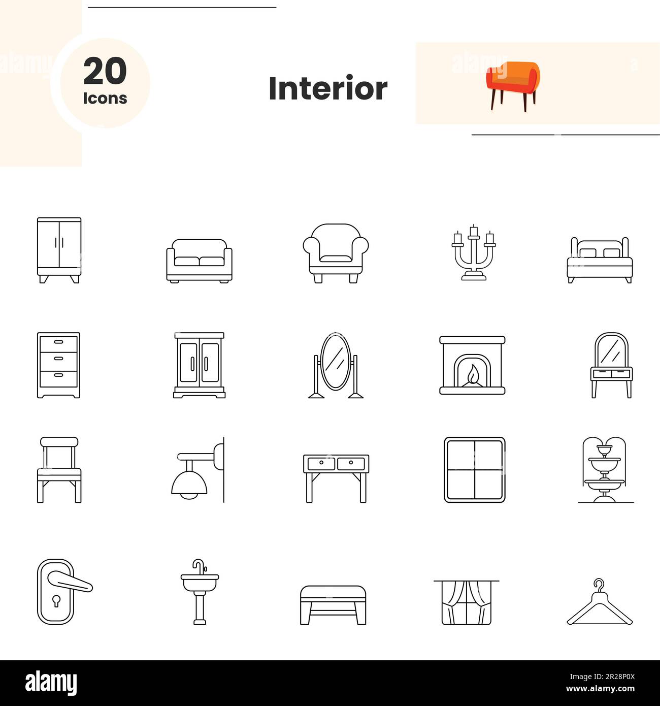 Interior Home Stuff Icon Set In Outline Style Stock Vector Image & Art ...