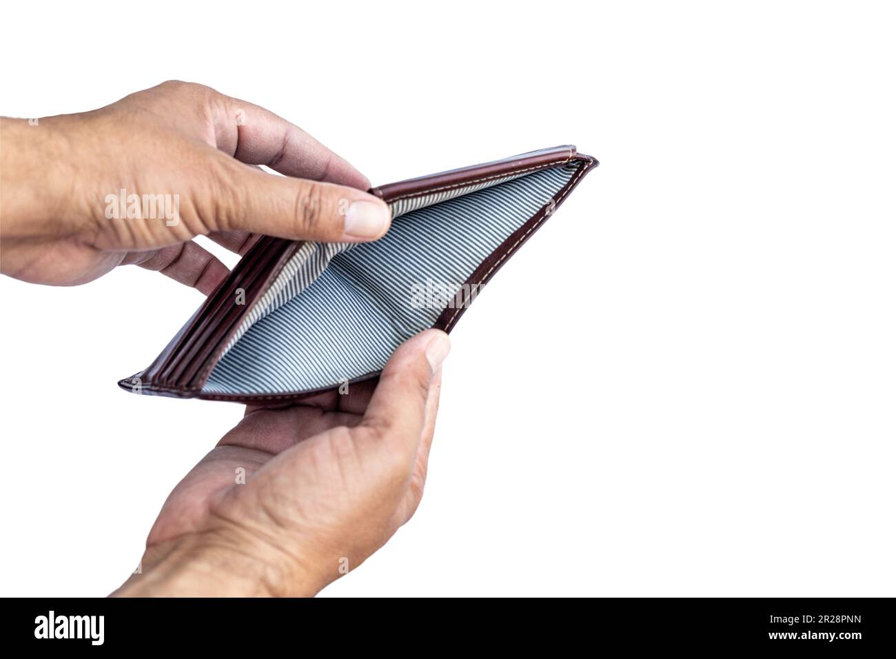 An empty open wallet holding in hands on isolated white background ...