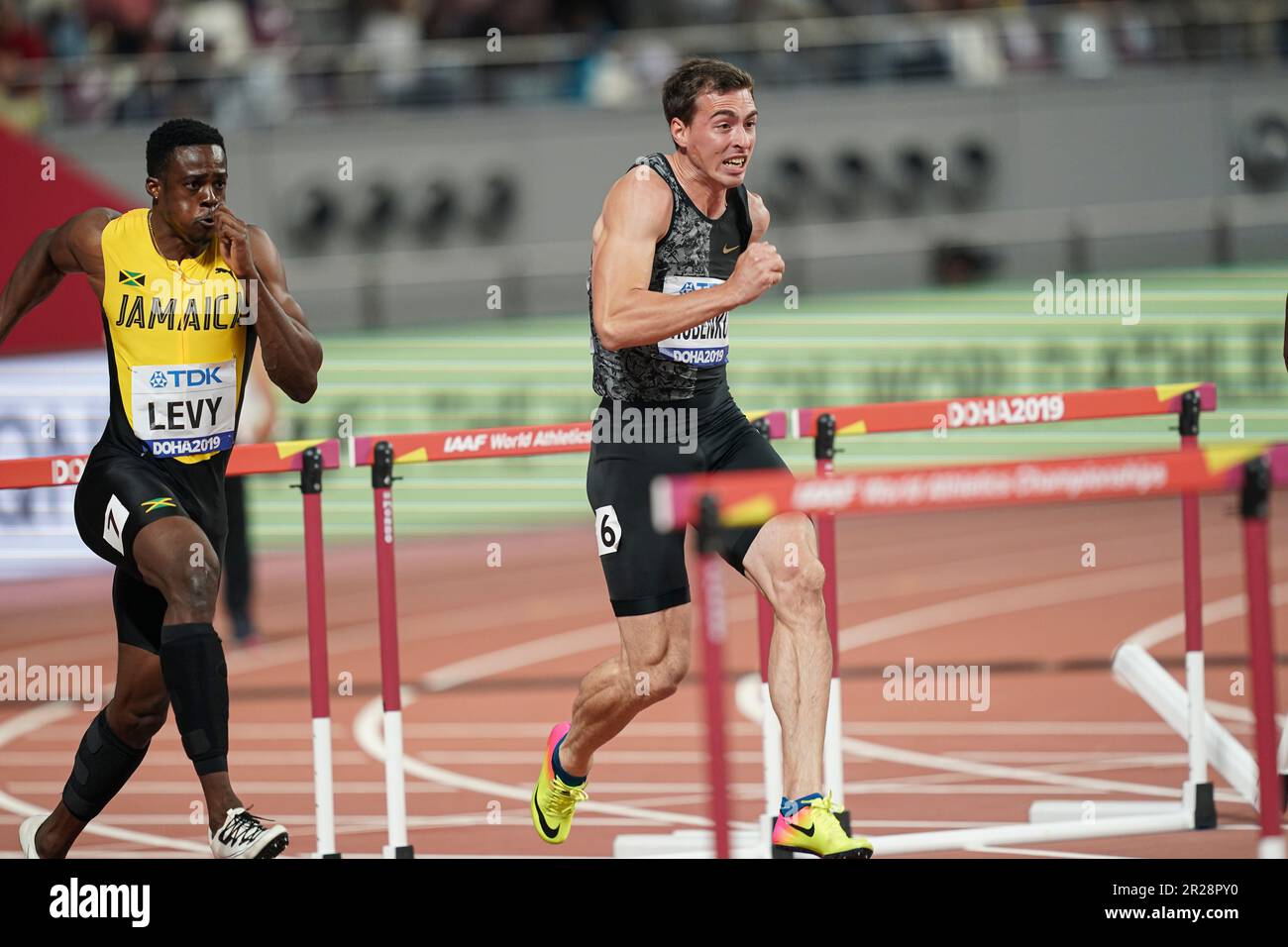 Serguéi Shubenkov participating in the 110m hurdles at the 2019 World ...
