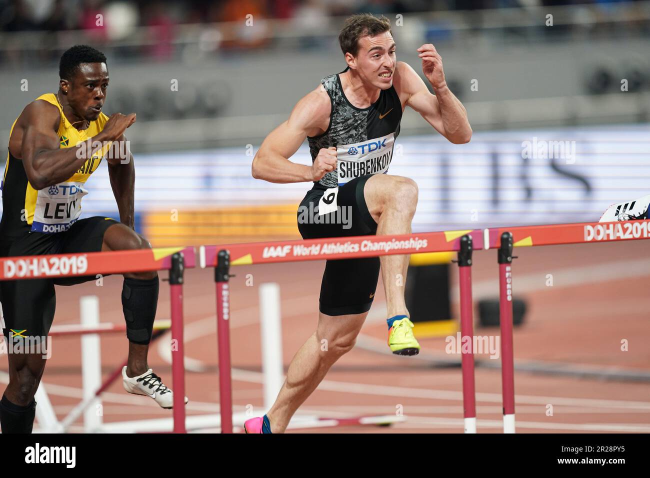 Serguéi Shubenkov participating in the 110m hurdles at the 2019 World ...