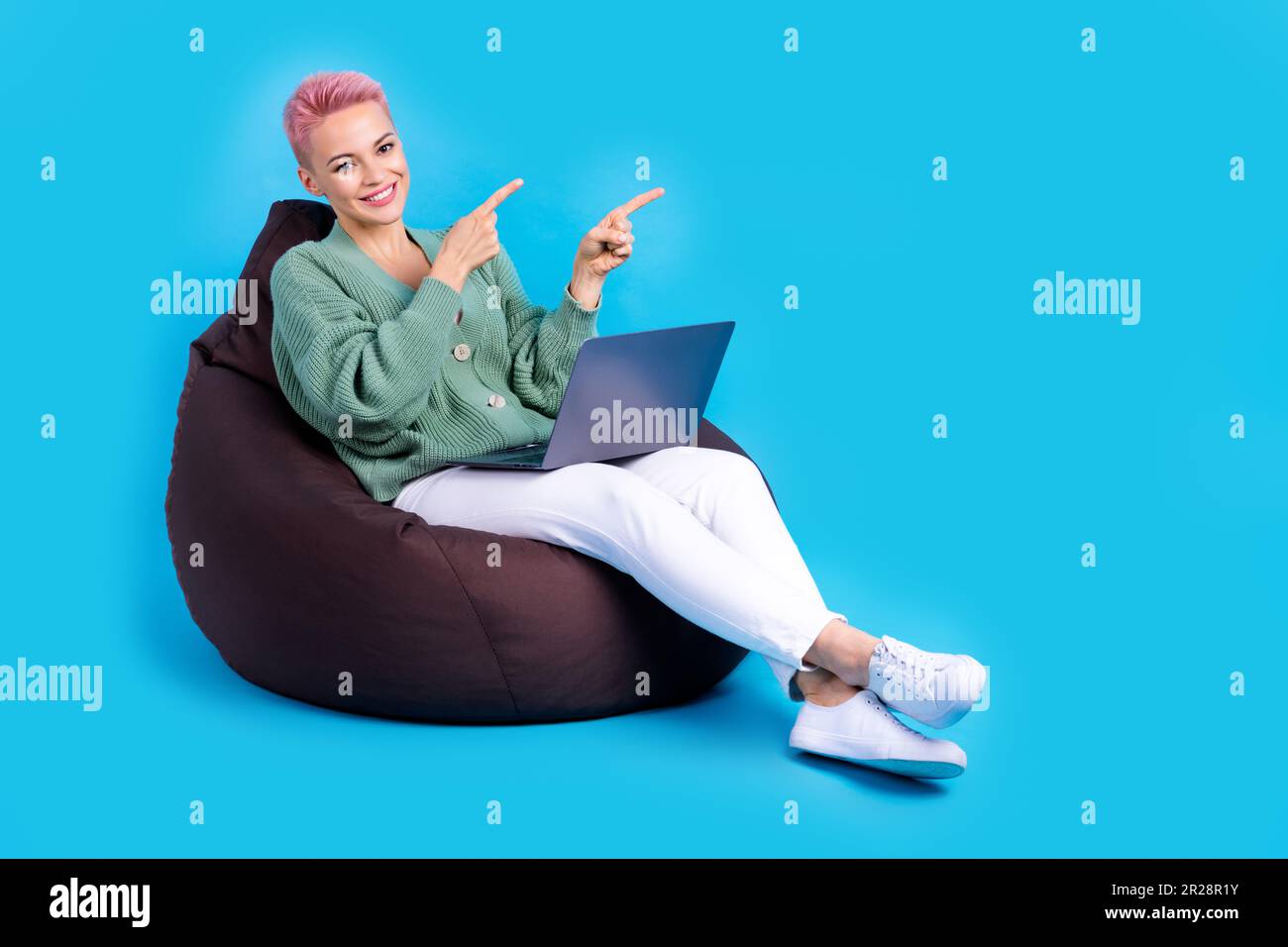 Full body photo of pink hair woman sit pouf direct fingers mockup use ...
