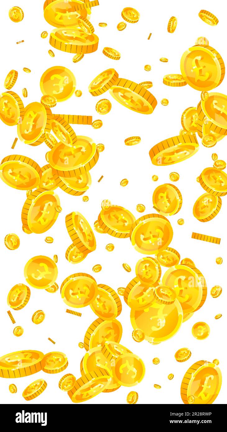 British pound coins falling. Scattered gold GBP coins. United Kingdom ...