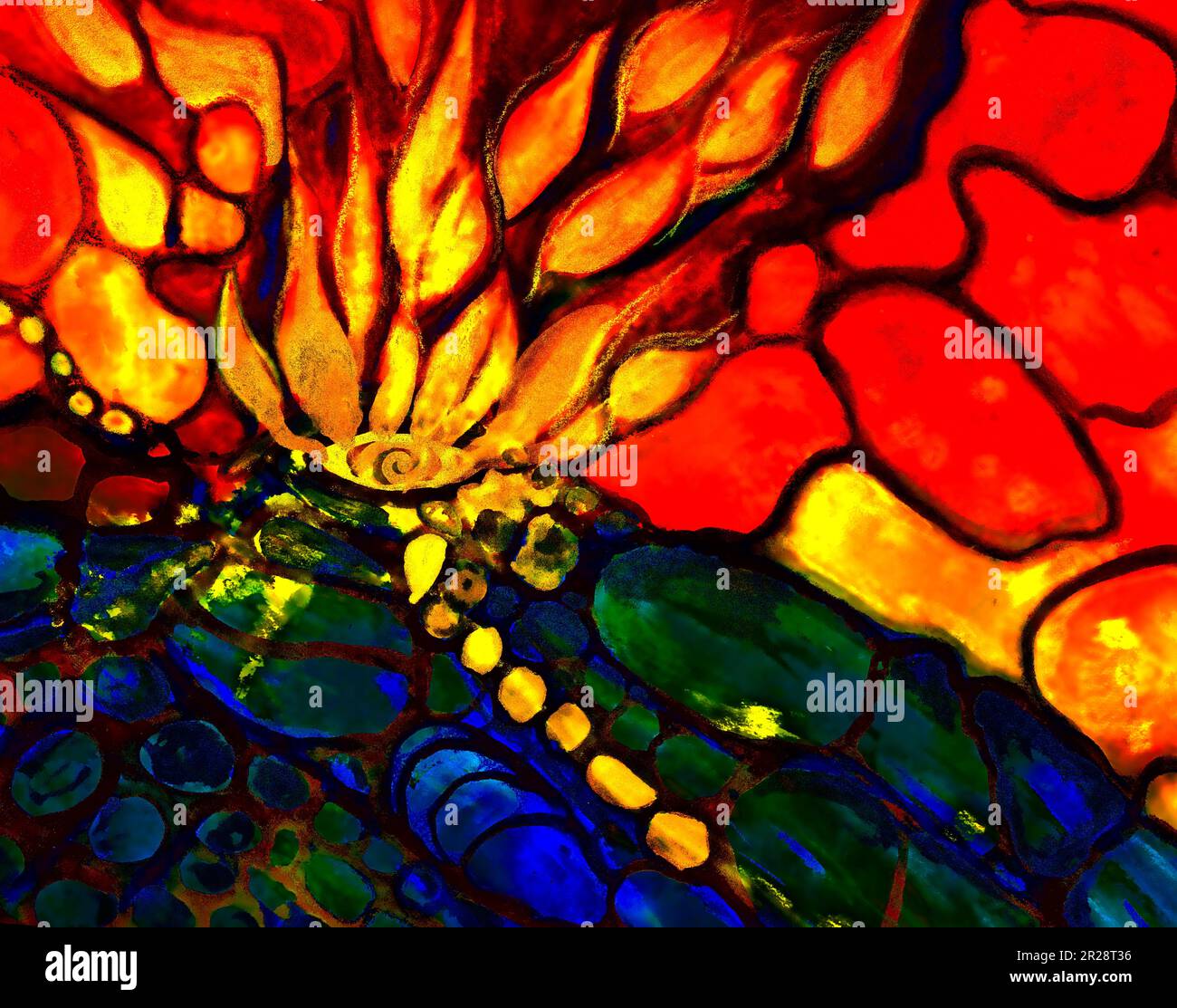 Psychedelic erupting volcano with golden flames. The dabbing technique ...