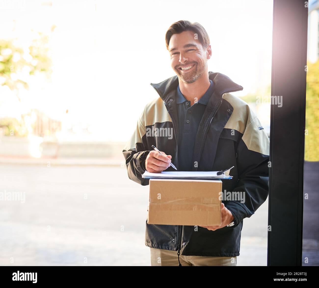 Delivery man, box and portrait with a package and pen for signature on ...