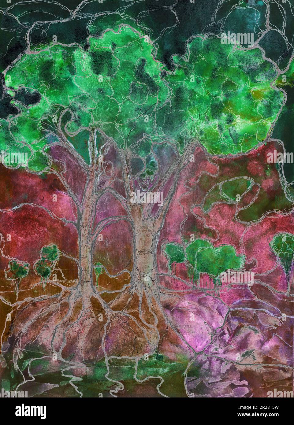Neurographic trees in metallic paint. The dabbing technique near the ...