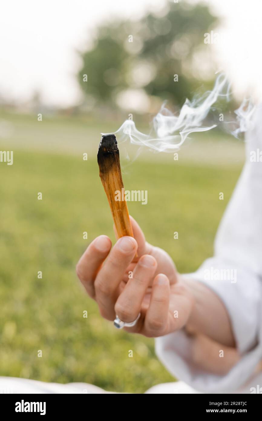 selective focus of smoldering palo santo stick in hand of cropped yoga ...