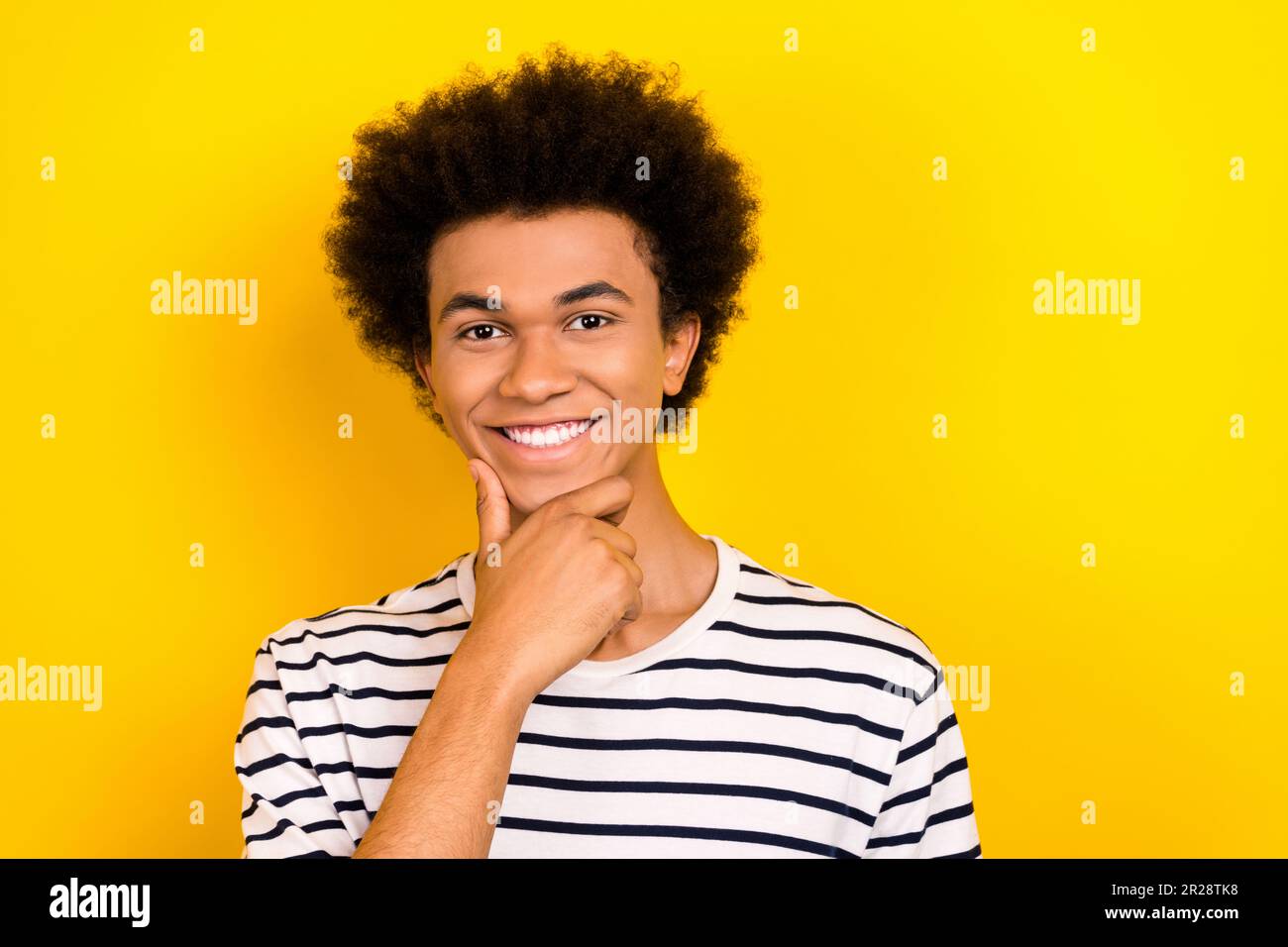Closeup portrait student guy hold arm on chin bleaching smile wear ...