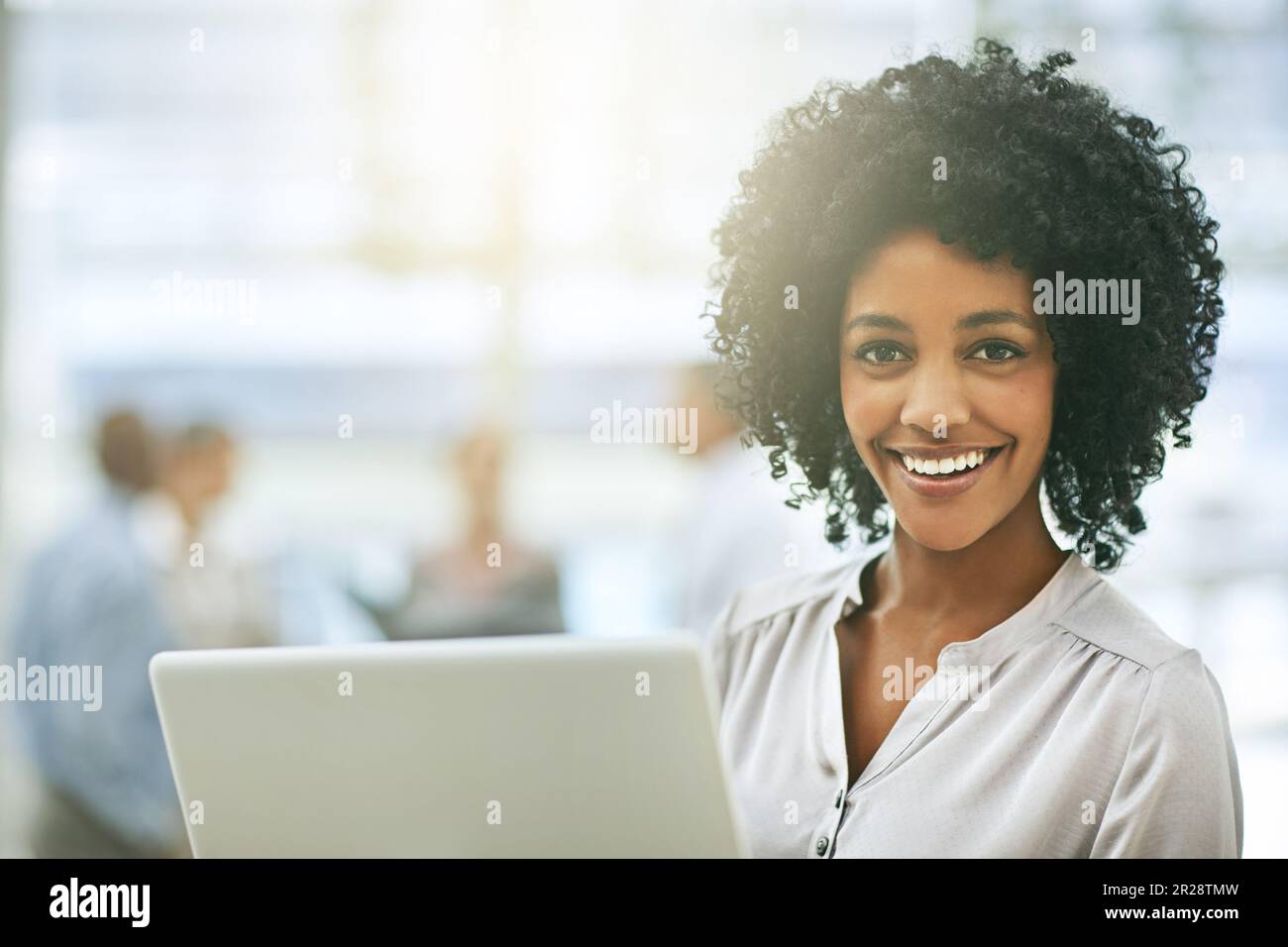 Black woman in business, laptop and happy in portrait, technology with ...