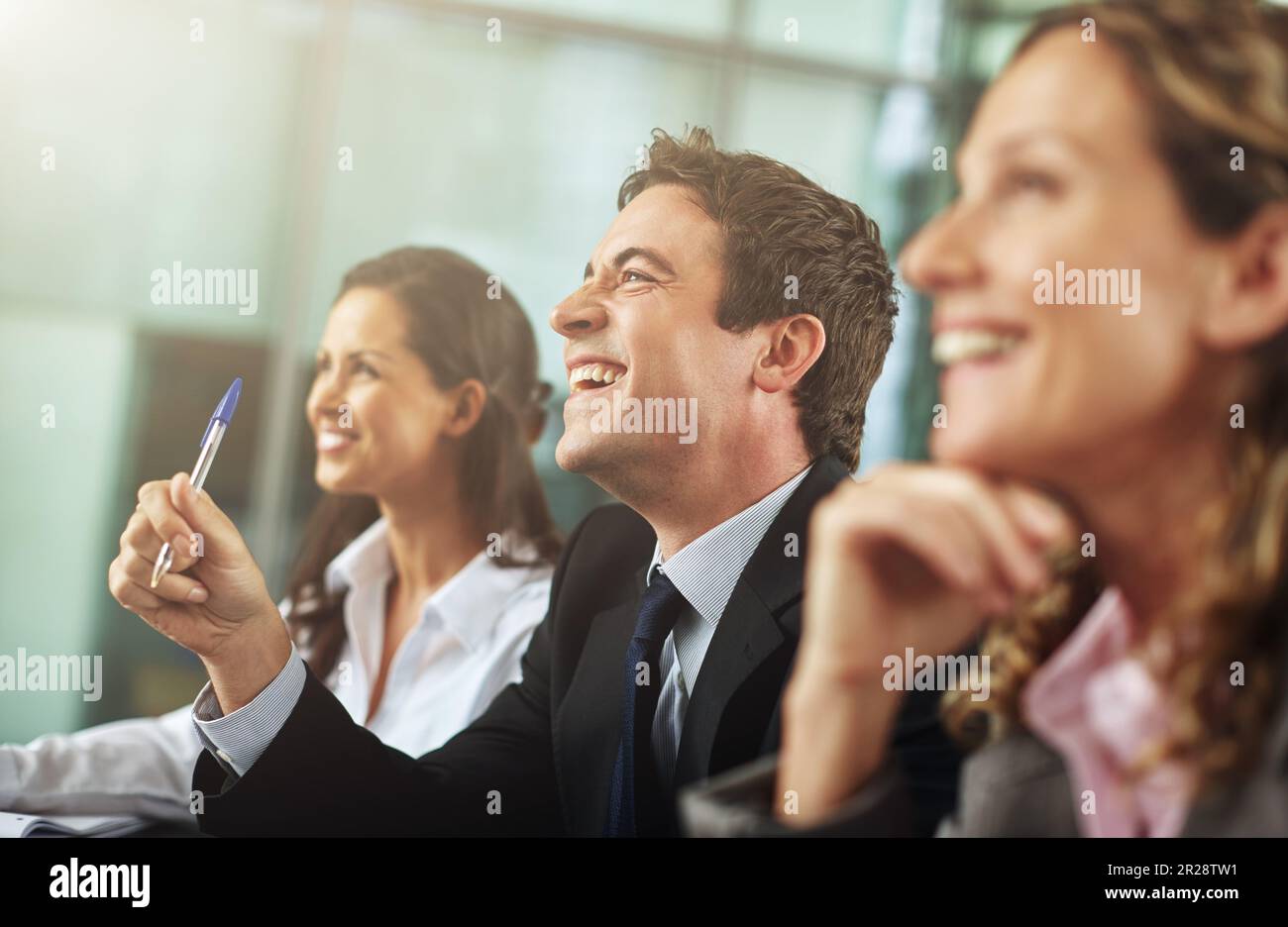 Presentation, group and professional laugh at a conference with a crowd ...