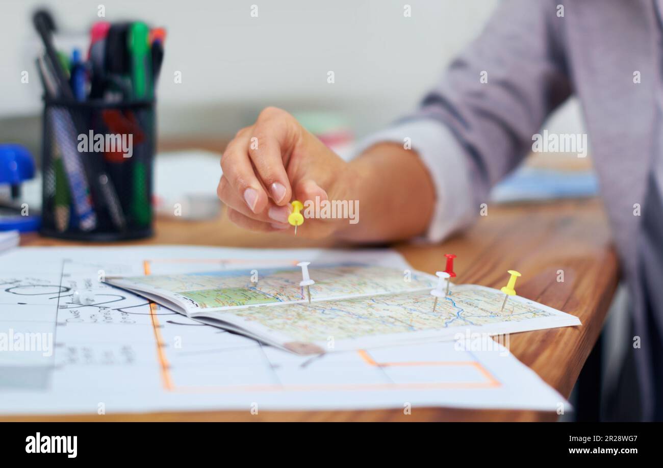 Travel agency, map pin and woman hands planning sightseeing destination ...
