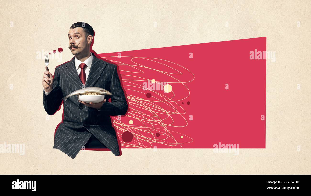 Contemporary art collage. Young artistic man in image of greatest ...