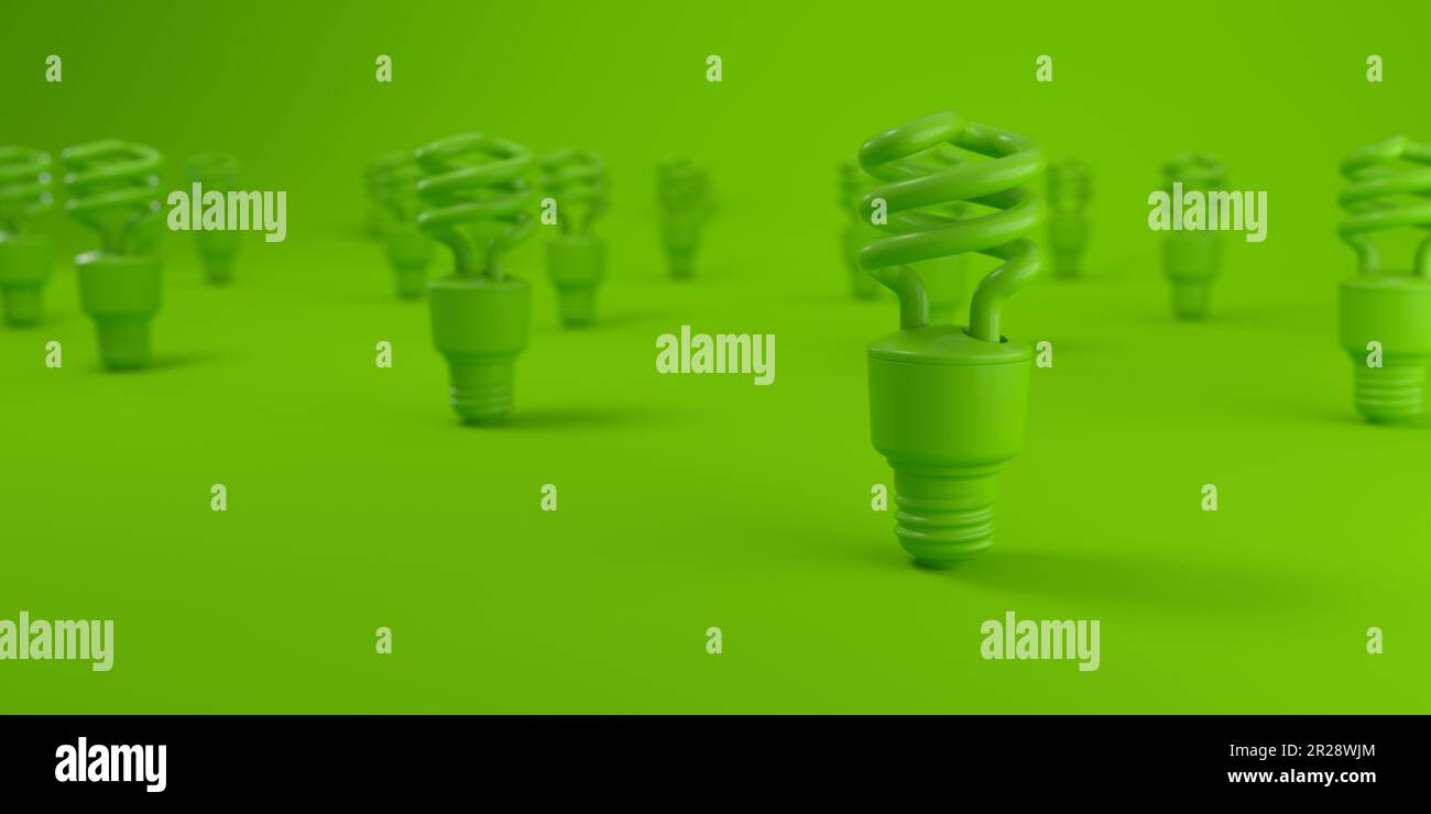 Grid of Light bulb on green background. Sustainability concept. 3D ...
