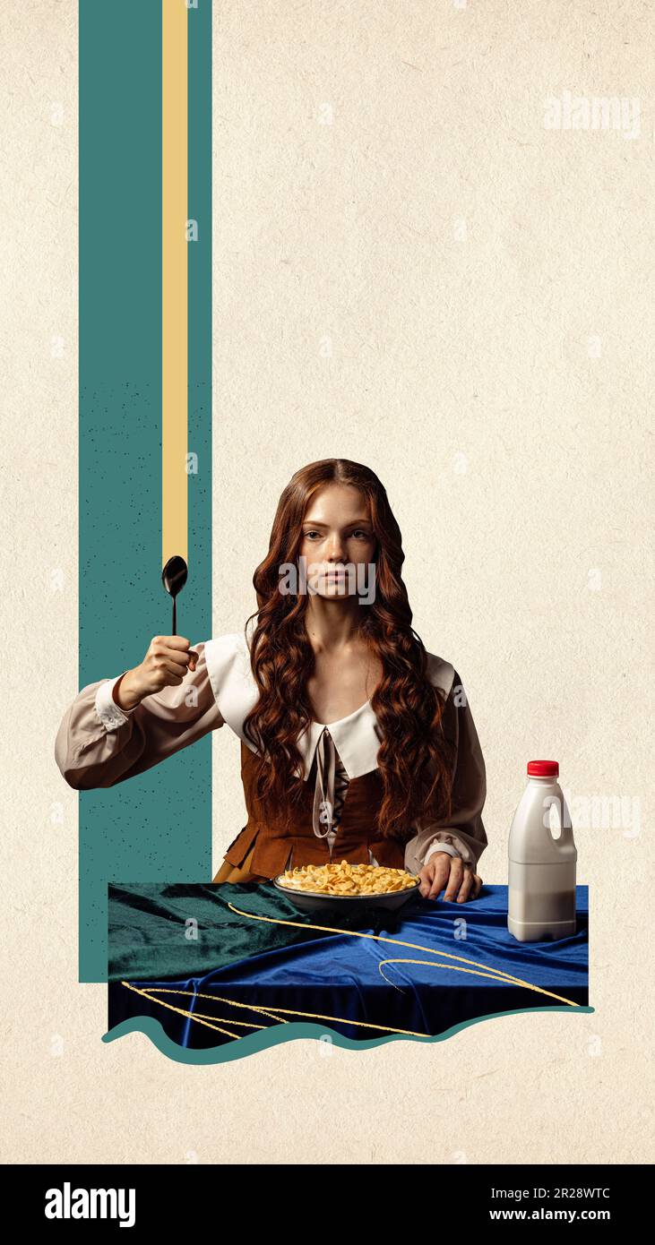 Contemporary art collage. Young pretty girl in medieval costume eating ...