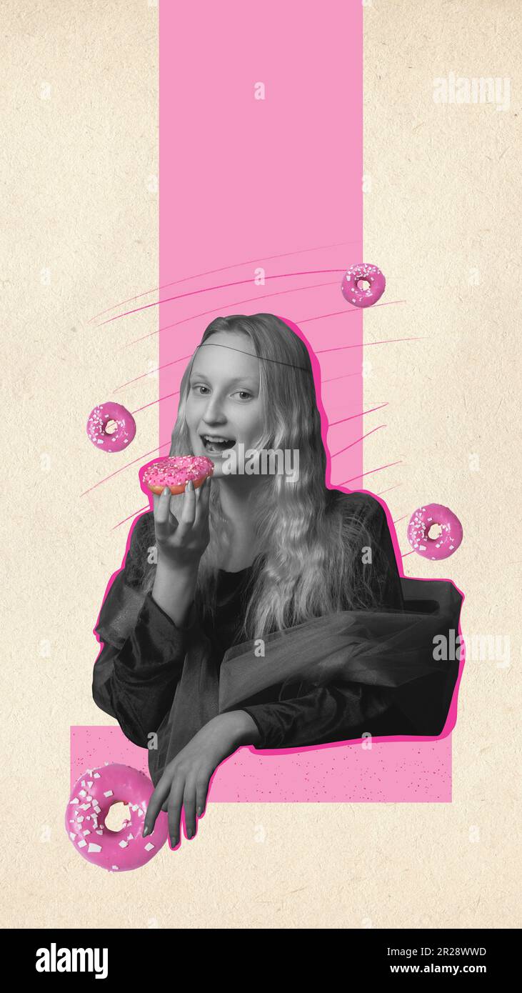 Contemporary art collage. Portrait of young charming girl in image of ...