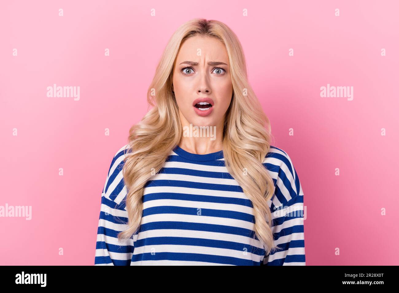 Portrait photo of young confused lady wear striped pullover open mouth ...