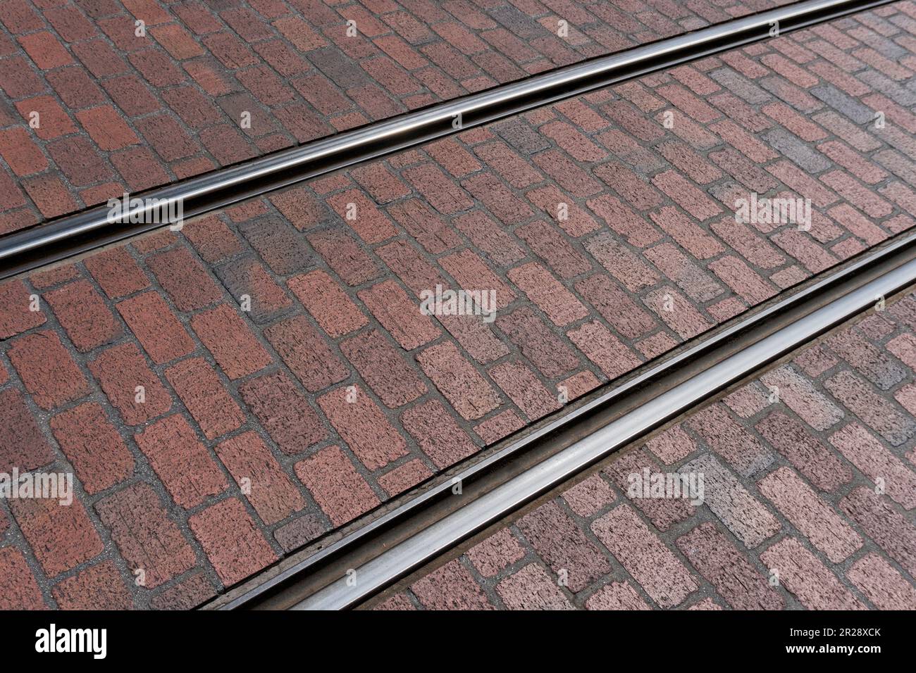 Close up of tram rails in brick road Stock Photo - Alamy