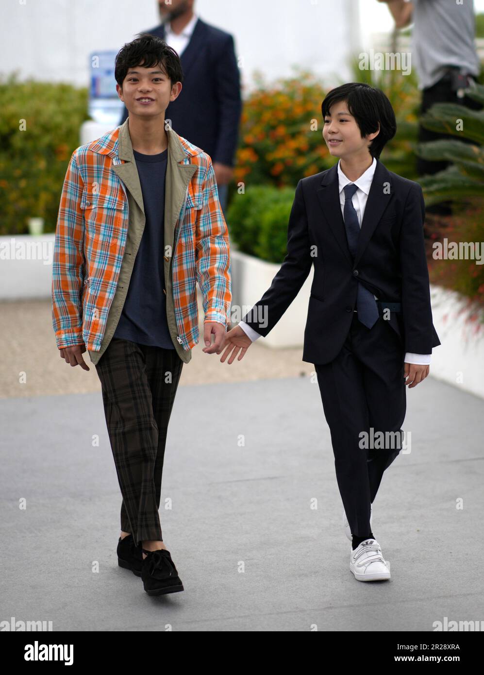 Soya Kurokawa, from left, and Hinata Hiiragi pose for photographers at the photo call for the ...